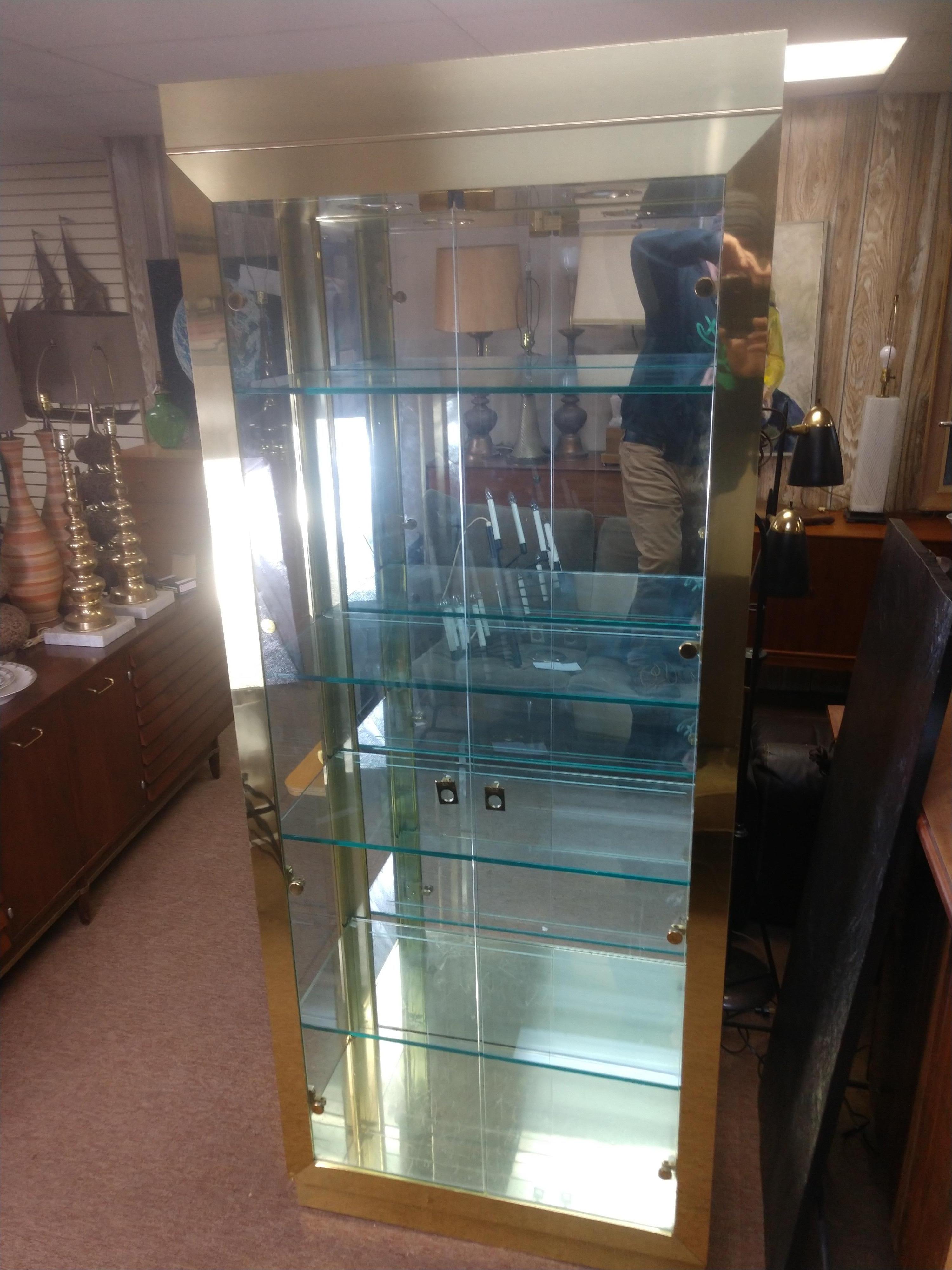 Tall Mid Century Modern Brass and Glass Mastercraft Vitrine Cabinet For ...