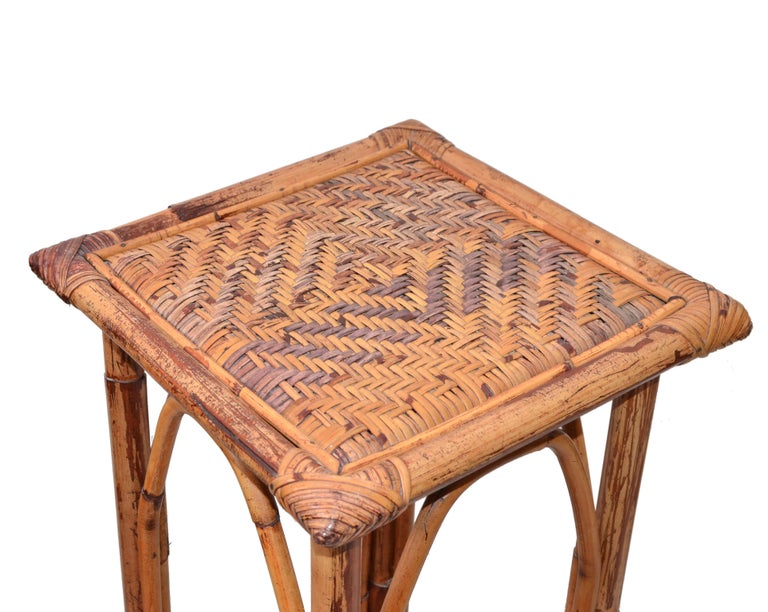 Tall Mid-Century Modern Handwoven Wicker, Rattan Plant Stand Sculpture ...