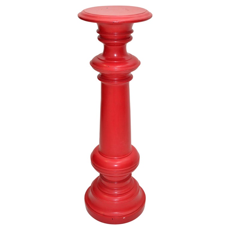 Tall Mid-Century Modern Turned Wood Red Finish Plant Stand Sculpture ...