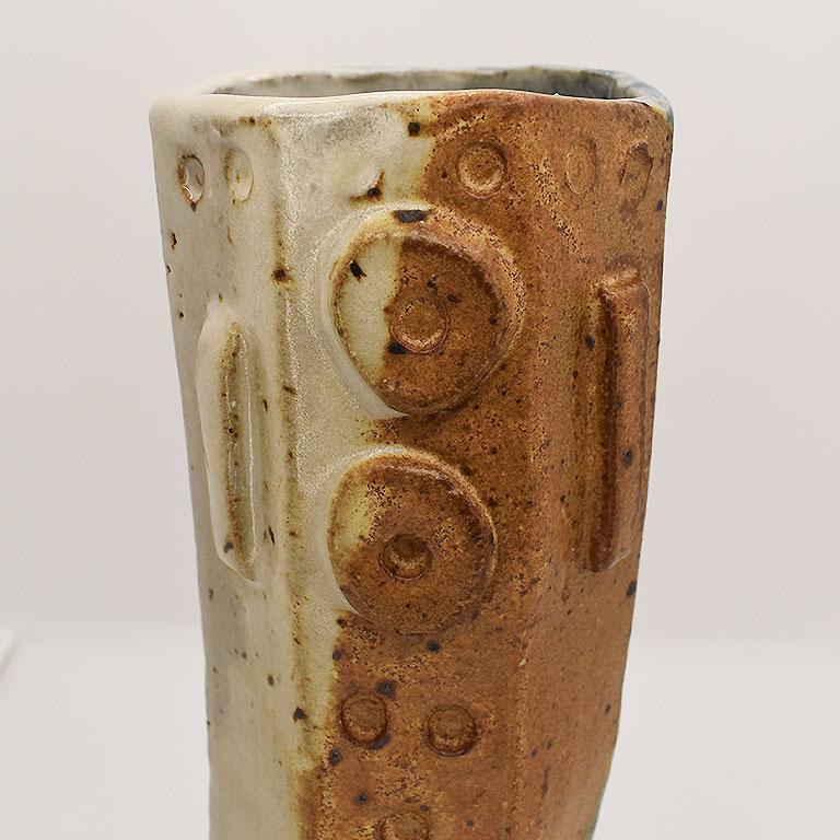 Tall Mid-Century Octagonal Geometric Ceramic Vase in Blue and Brown ...