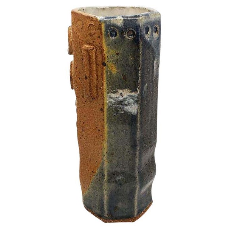 Tall Mid-Century Octagonal Geometric Ceramic Vase in Blue and Brown ...