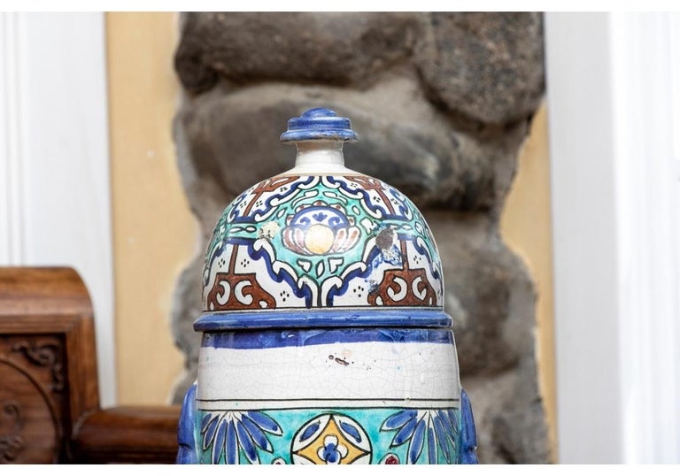 Tall Moroccan Glaze Decorated Ceramic Lidded Jar For Sale at 1stDibs
