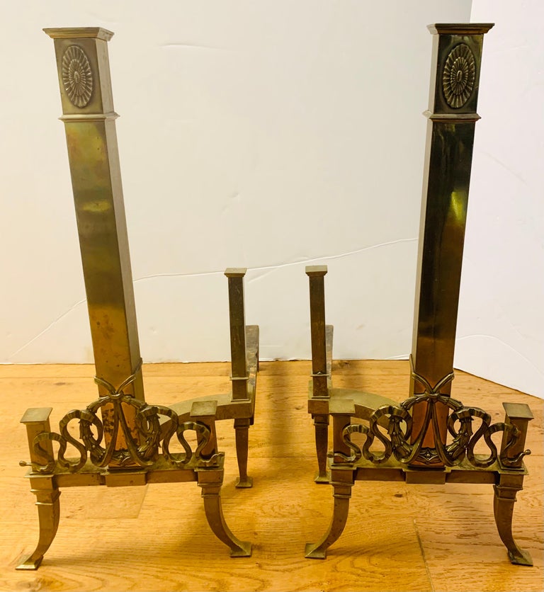 Tall Neoclassical Brass Ornate Column Form Andirons For Sale at 1stDibs