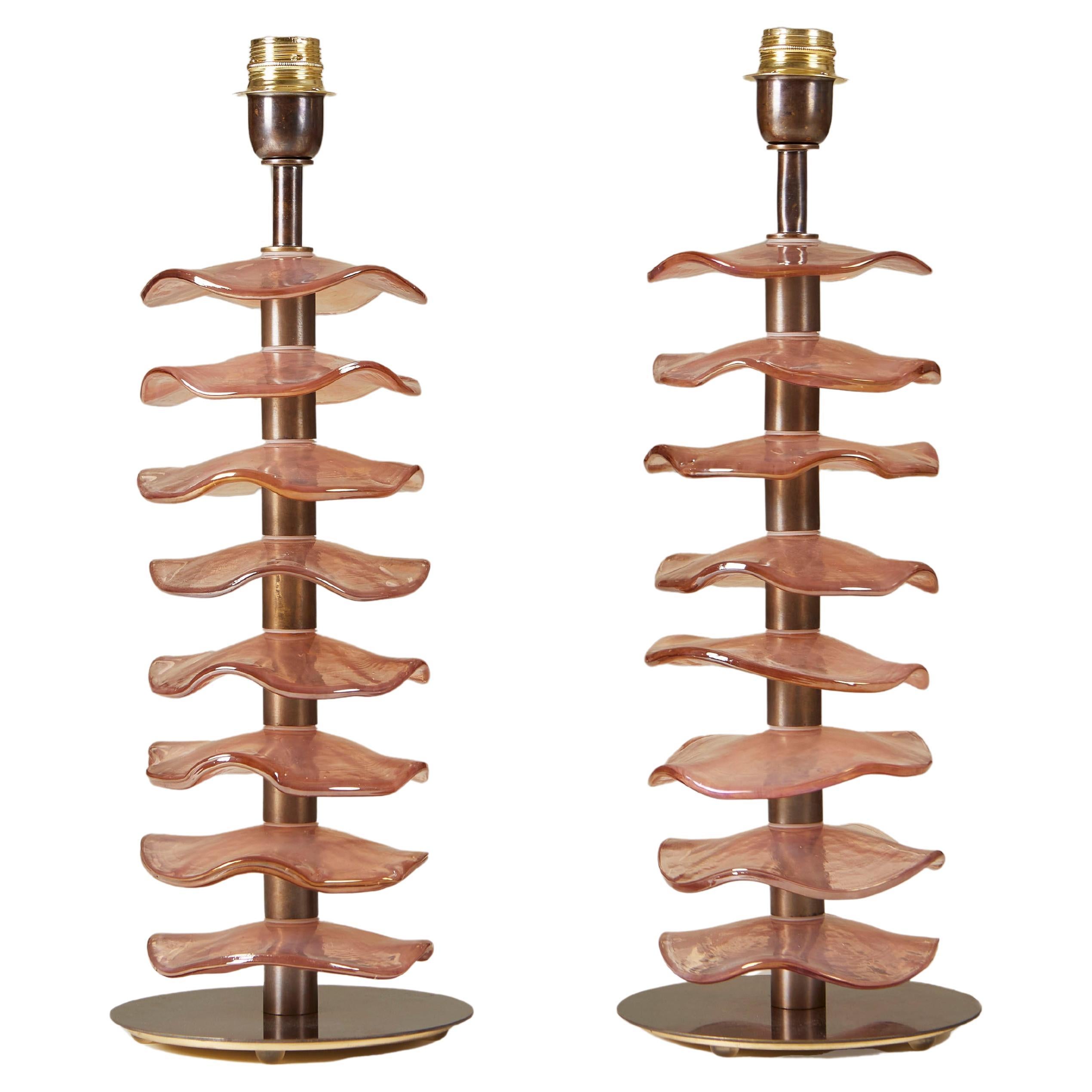Contemporary Tall pair of Italian Murano peach/rose petal brass lamps ...