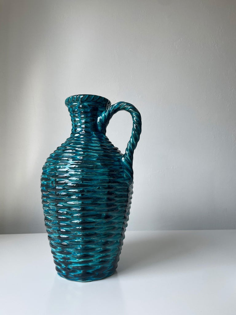 Tall Petrol Blue Black Braided Textured Vase, 1970s For Sale at 1stDibs