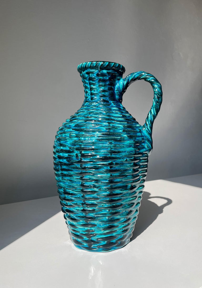 Tall Petrol Blue Black Braided Textured Vase, 1970s For Sale at 1stDibs