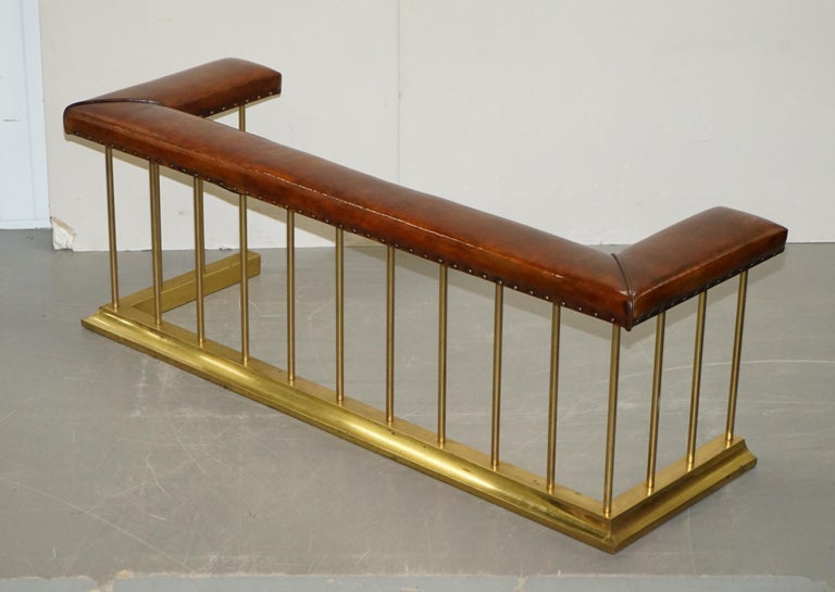 Tall Restored Victorian Brass Brown Leather Fireplace Club Fender Bench ...