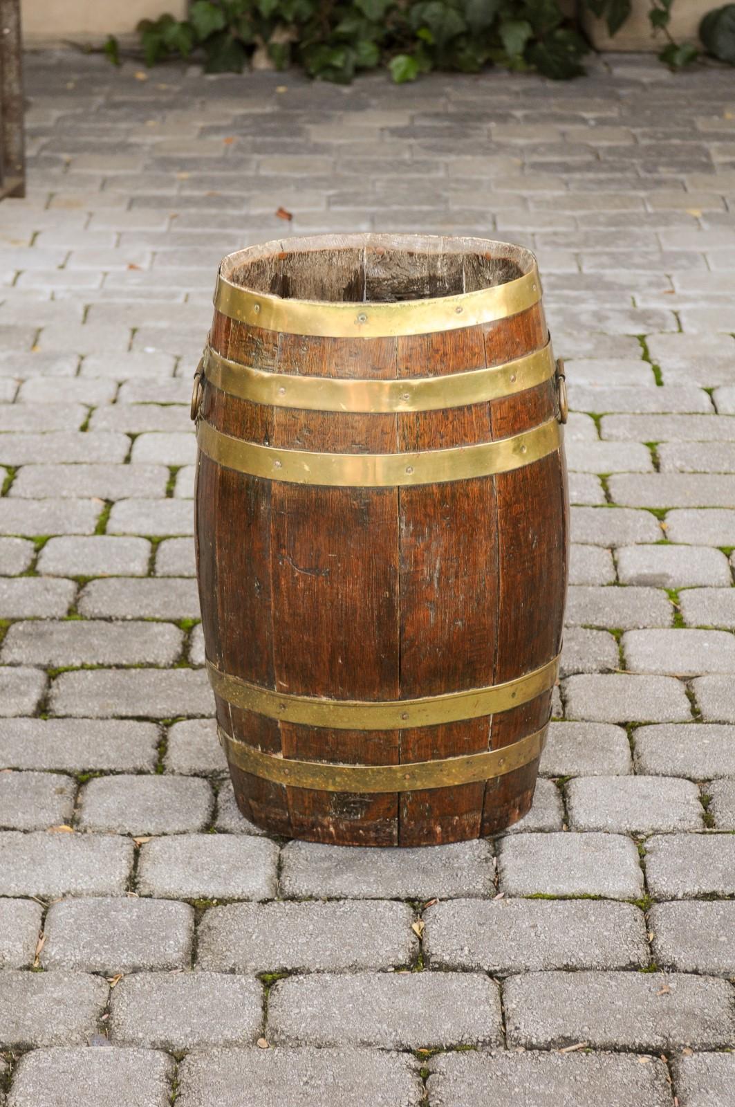 Tall Rustic English Oval Oak Barrel with Brass Braces and Handles ...