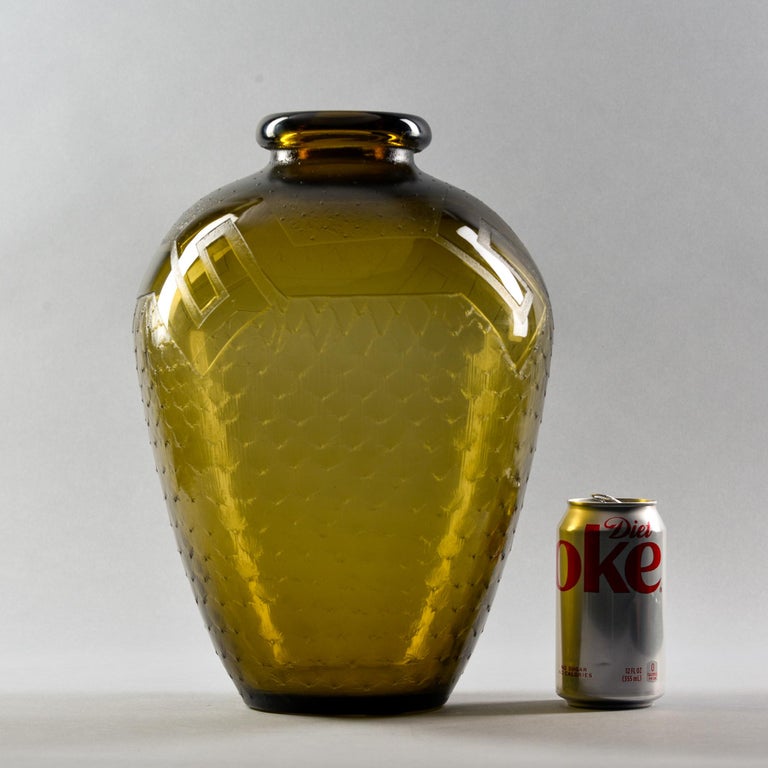 Tall Signed Daum Art Deco Era Acid Etched Taupe Art Glass Vase For Sale ...