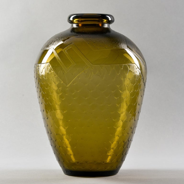 Tall Signed Daum Art Deco Era Acid Etched Taupe Art Glass Vase For Sale ...
