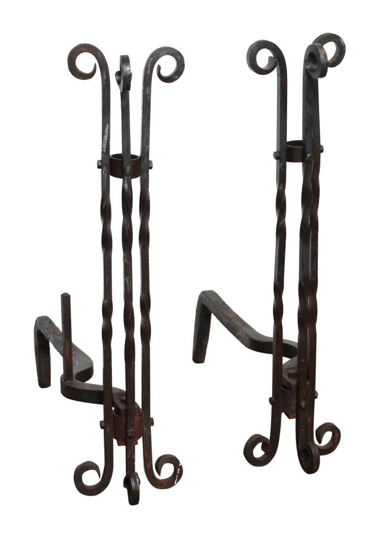 Tall Twisted Wrought Iron Andirons with Curled Top and Legs For Sale at ...