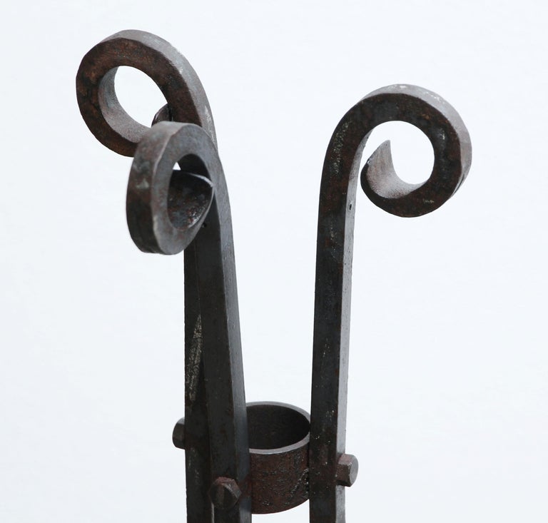 Tall Twisted Wrought Iron Andirons with Curled Top and Legs For Sale at ...