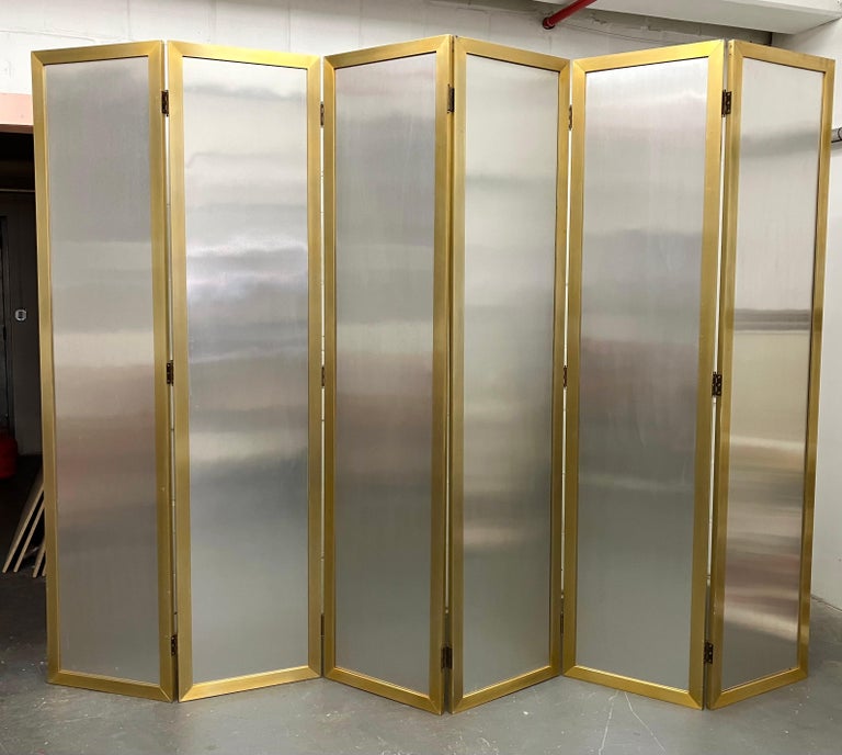 Tall Vintage Brass and Brushed Aluminum 6-Panel Screen For Sale at 1stDibs