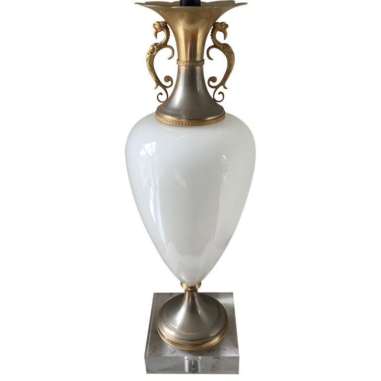 Tall White Opaline Table Lamp on Thick Square Lucite Base For Sale at ...