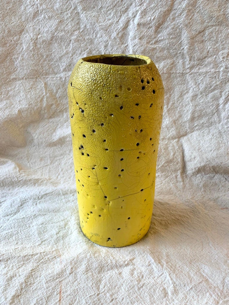Tall Yellow Ceramic Textured Cylindrical Vase, Hand-Built Raku Crackle ...