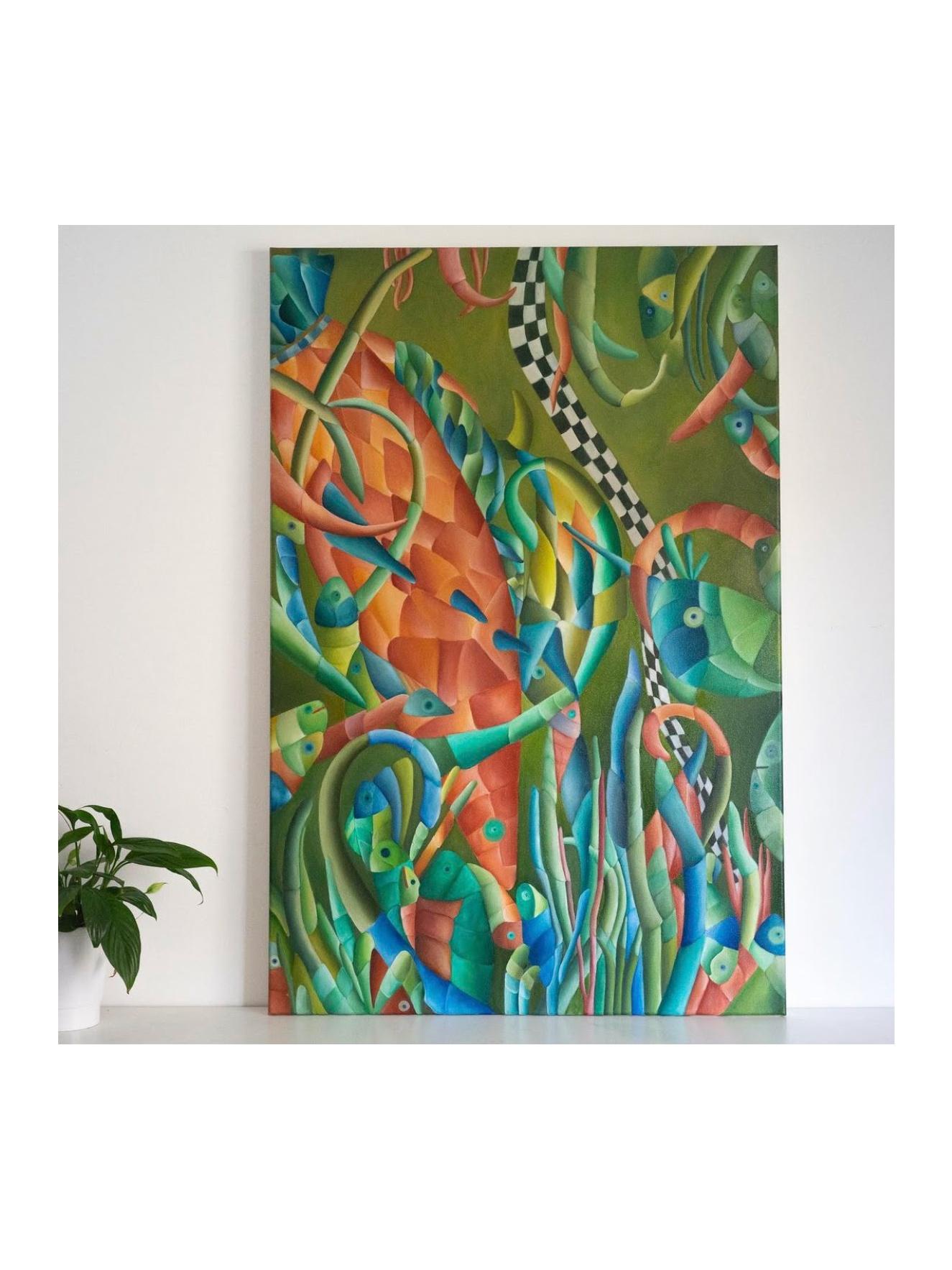 Tam Ess - Colourful Surrealist Oil Painting of Fish For Sale at 1stDibs