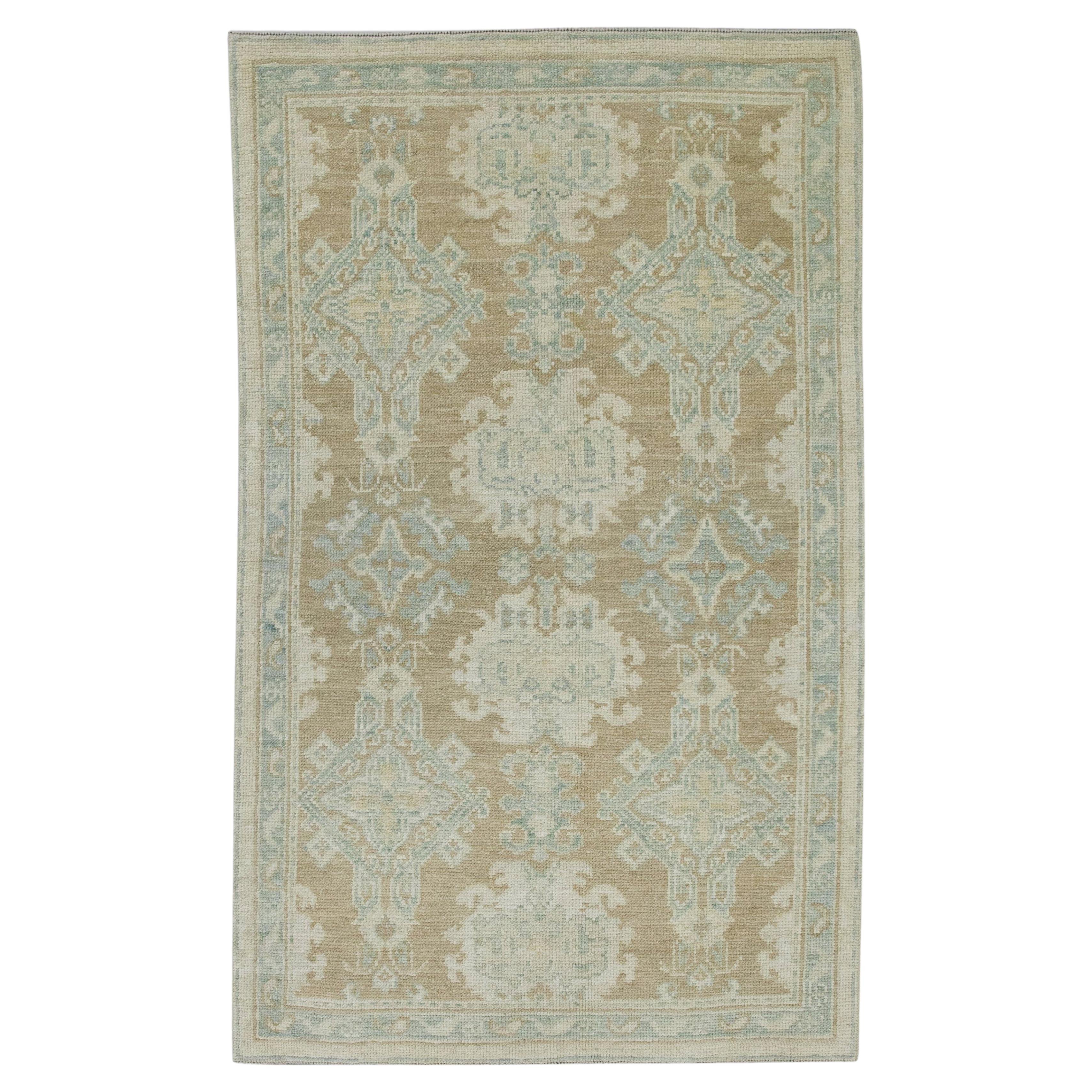 Tan and Blue Floral Design Handwoven Wool Turkish Oushak Rug 3'7" x 6'1 ...