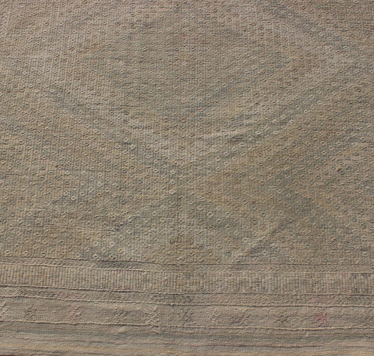 Tan, Light Blue Vintage Turkish Embroidered Rug with Geometric Diamond ...