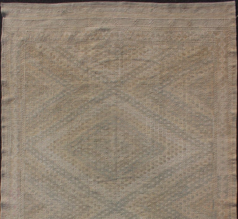 Tan, Light Blue Vintage Turkish Embroidered Rug with Geometric Diamond ...