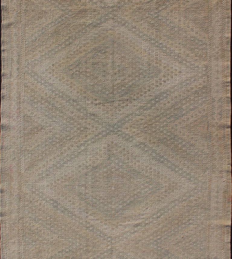Tan, Light Blue Vintage Turkish Embroidered Rug with Geometric Diamond ...