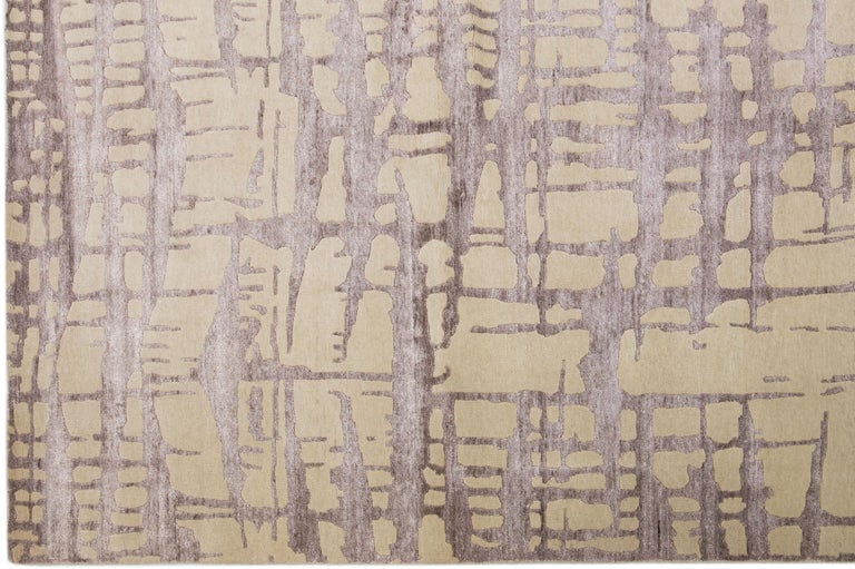 Tan Modern Ikat Handmade Wool and Silk Rug with Abstract Design For ...
