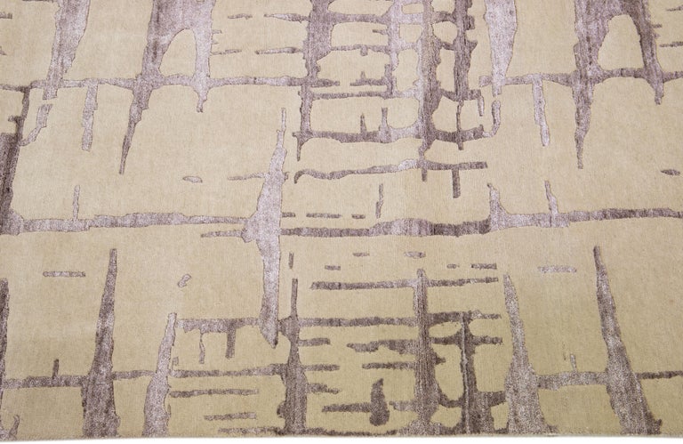 Tan Modern Ikat Handmade Wool and Silk Rug with Abstract Design For ...