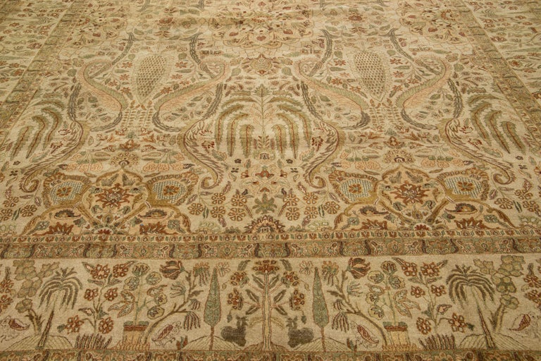 Tan Modern Indian Handmade Wool Rug With Allover Floral Motif For Sale ...