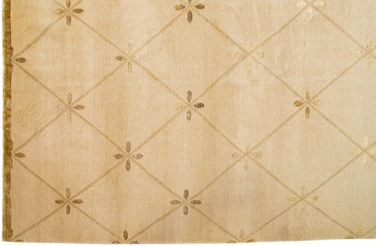 Tan Modern Tibetan Handmade Tribal Designed Wool and Silk Rug For Sale ...