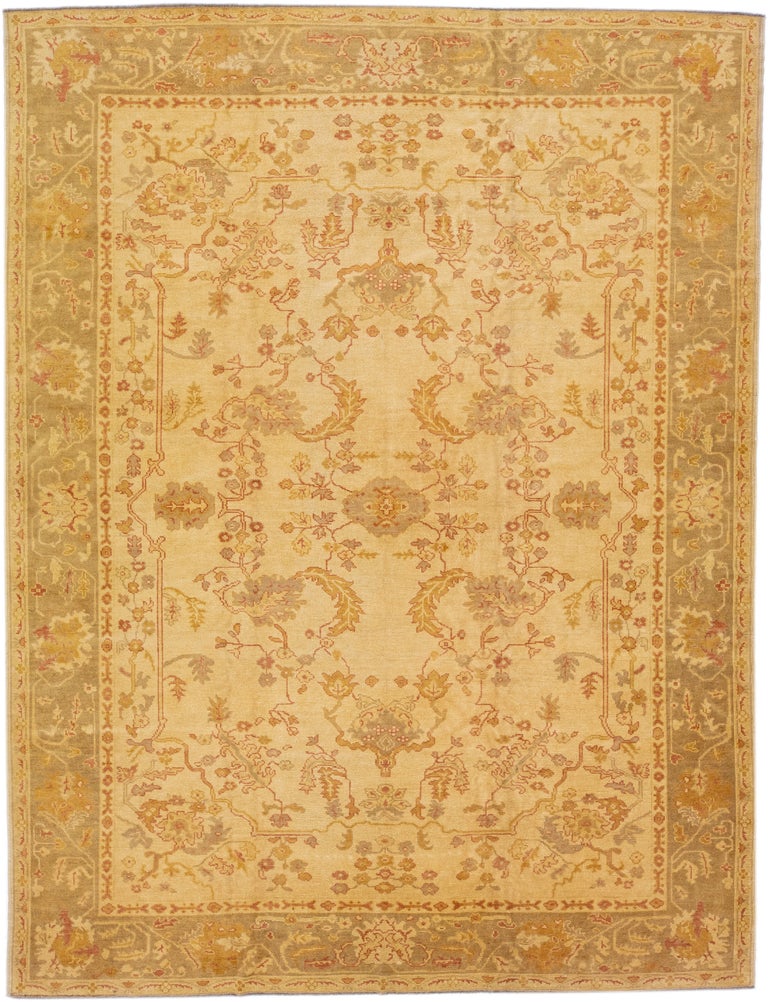 Tan Modern Turkish Oushak Handmade Wool Rug With Floral Motif For Sale ...