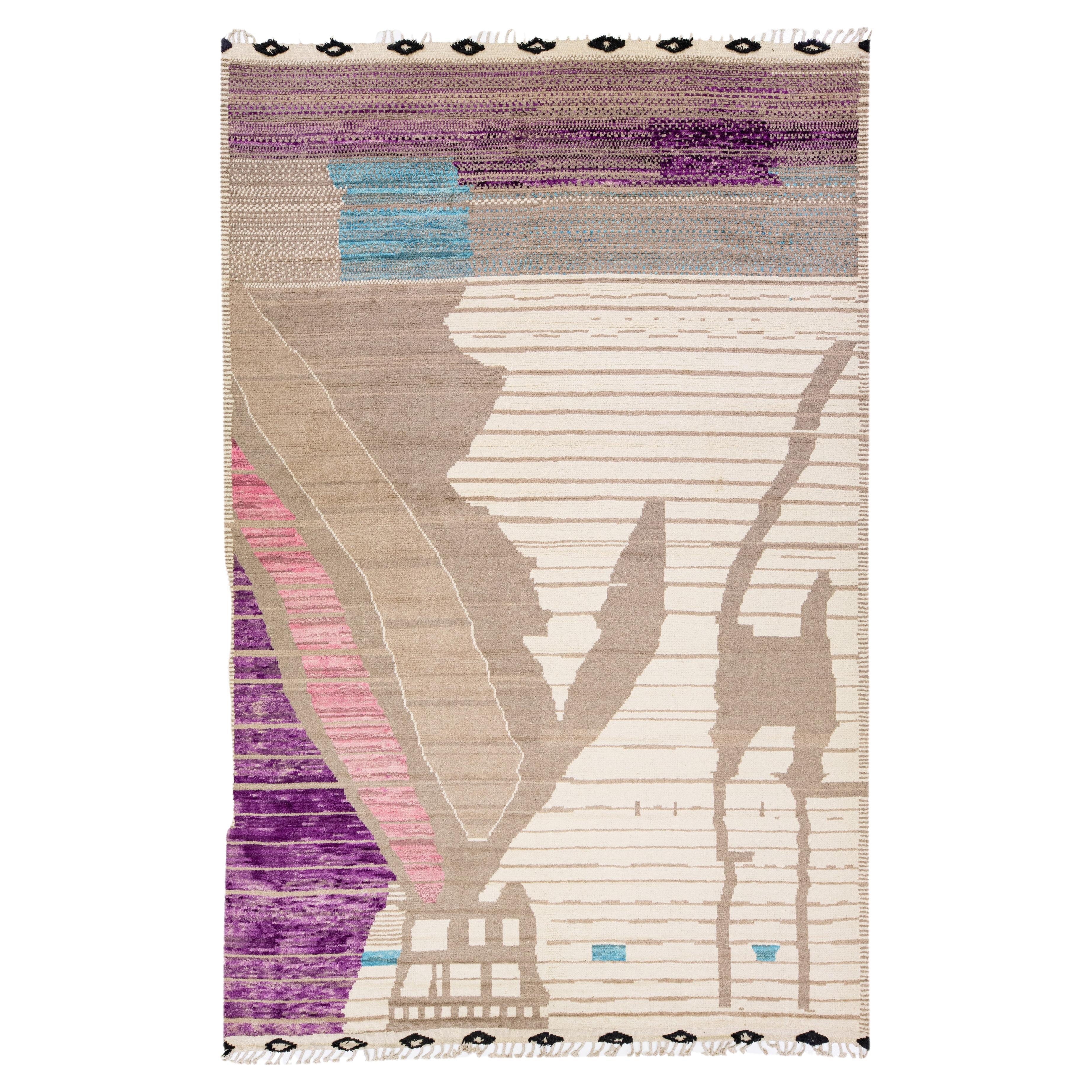 Beige Moroccan Berber Style Handmade Abstract Wool Rug For Sale at 1stDibs