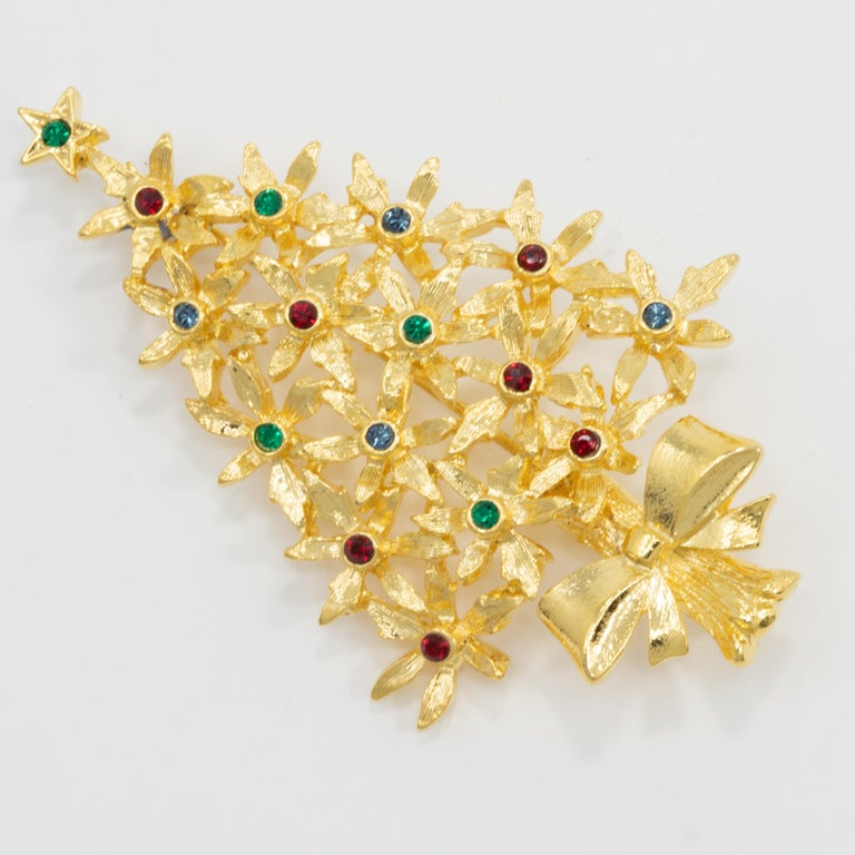 Tancer II Gold Christmas Tree Brooch, Festive Crystal Decorated Conifer ...