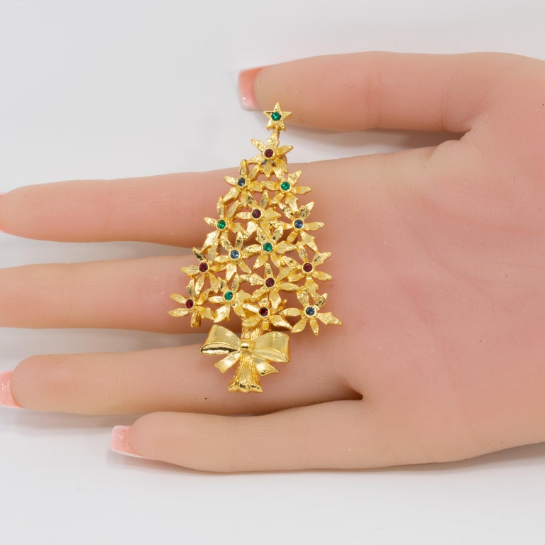 Tancer II Gold Christmas Tree Brooch, Festive Crystal Decorated Conifer ...