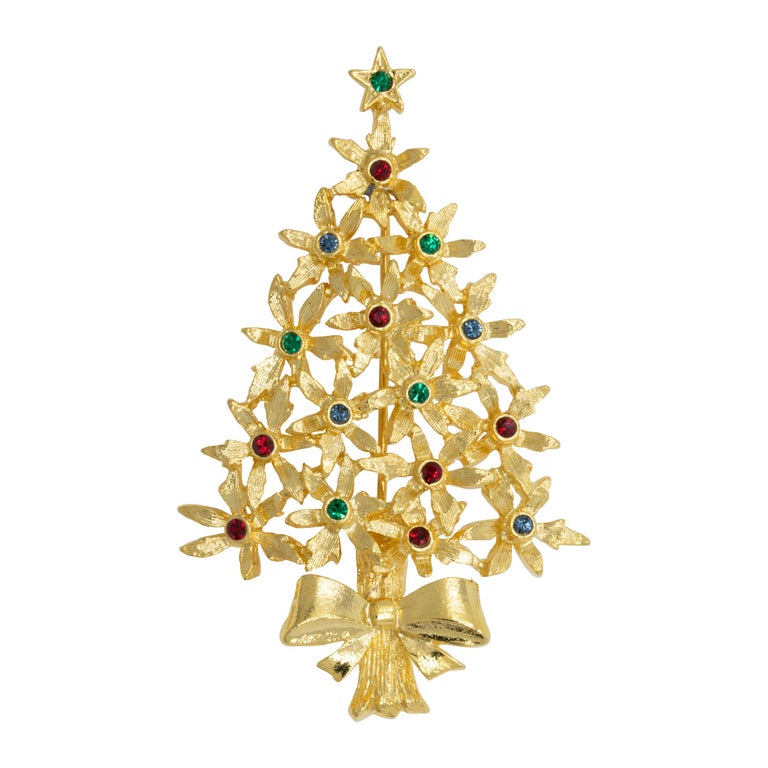 Tancer II Gold Christmas Tree Brooch, Festive Crystal Decorated Conifer ...