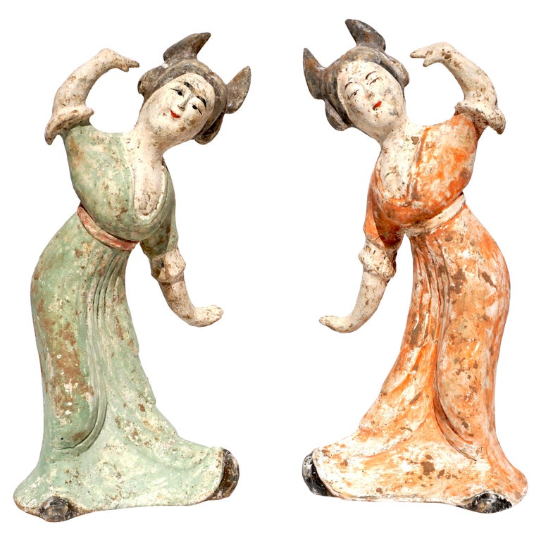 Tang Dynasty Polychromed Tomb Pottery Figures Dancing For Sale at 1stDibs