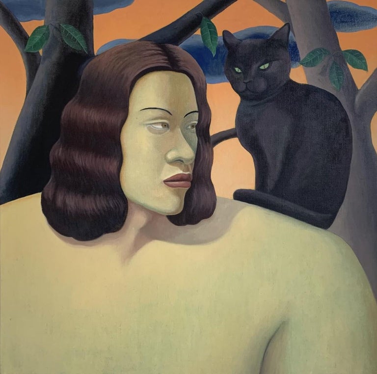 Tang Shuo - Portrait, Black Cat, Animal Painting, Oil at 1stDibs