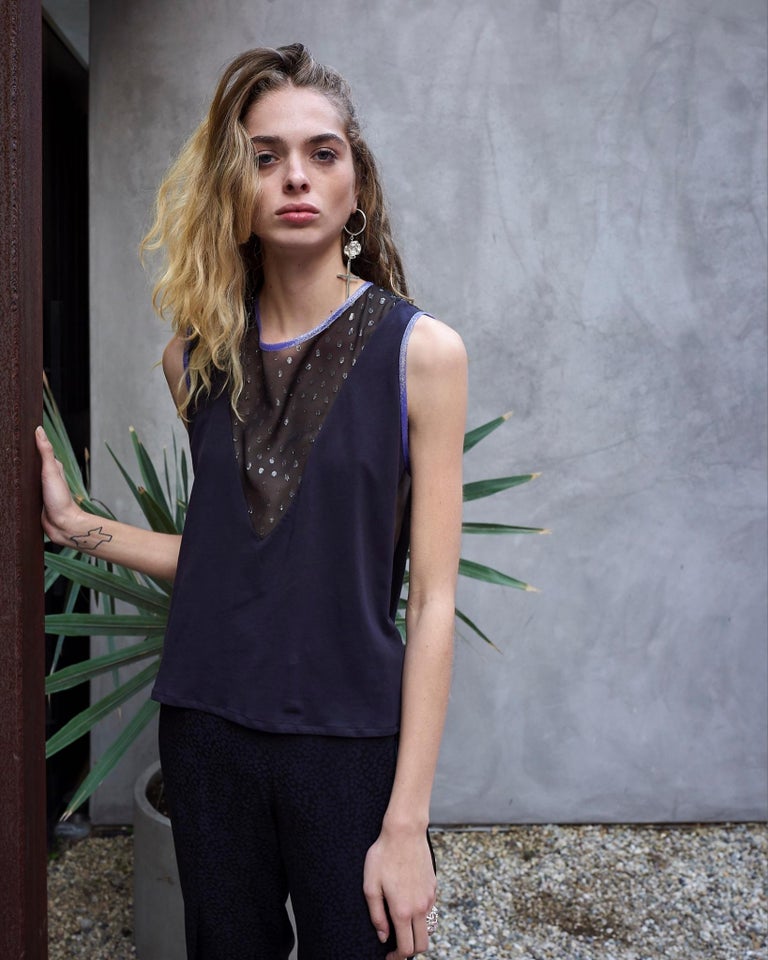 Tank Sleeveless Round Neck Top Grey Black Lilac Trim Sheer Chiffon ...