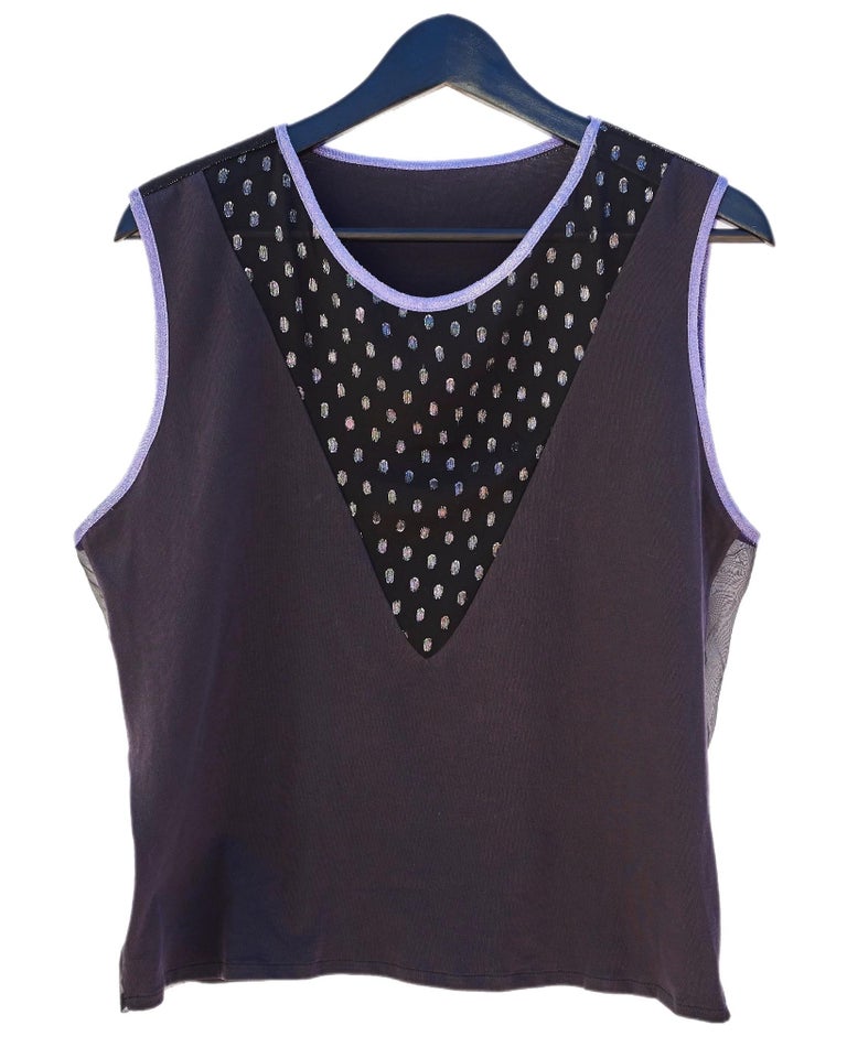 Tank Sleeveless Round Neck Top Grey Black Lilac Trim Sheer Chiffon ...