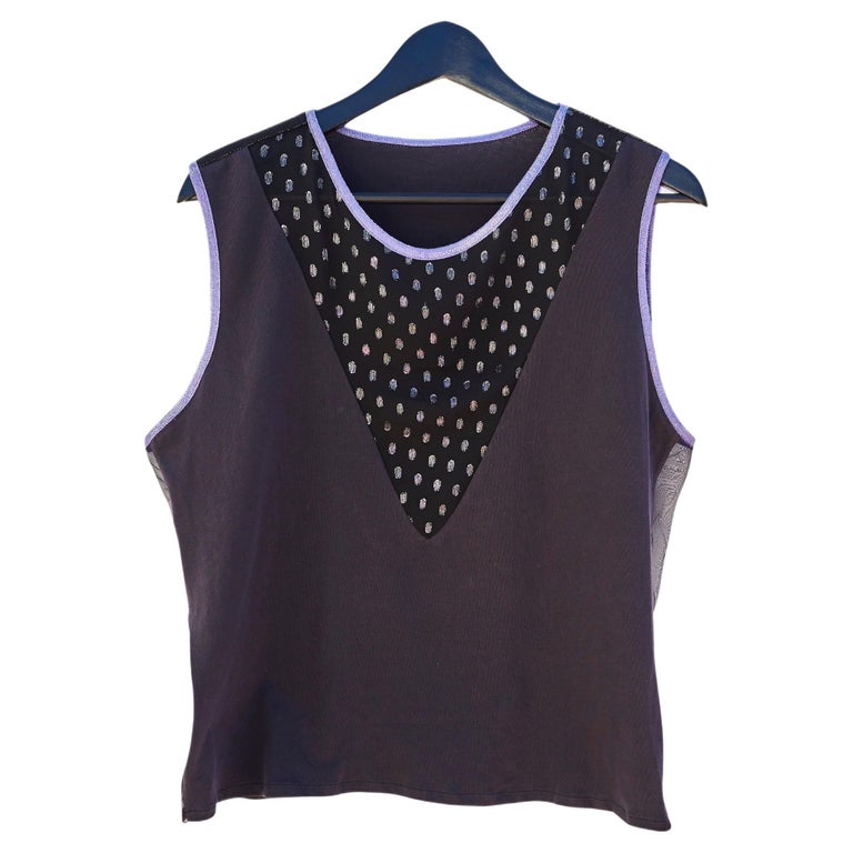 Tank Sleeveless Round Neck Top Grey Black Lilac Trim Sheer Chiffon ...