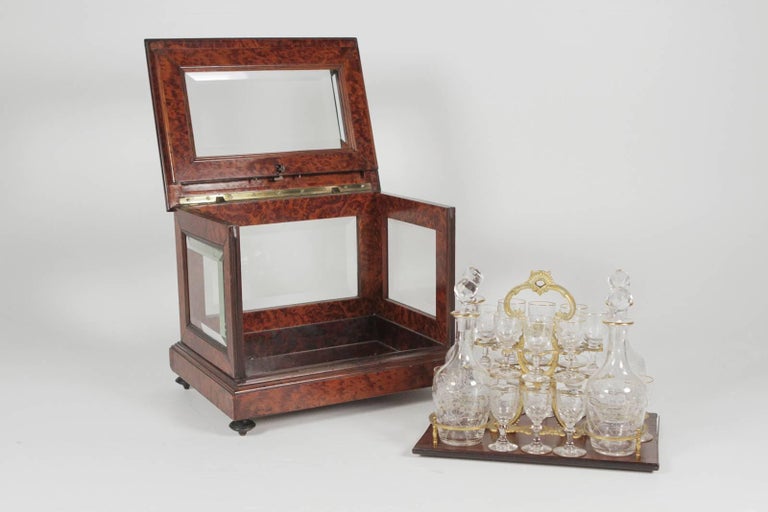 Tantalus Box with Beveled Glass Panels with Decanters and Stemware For ...