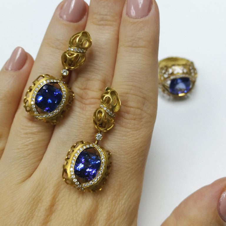 Tanzanite 7.10 Carat Diamonds 18 Karat Yellow Gold Coral Reef Earrings ...