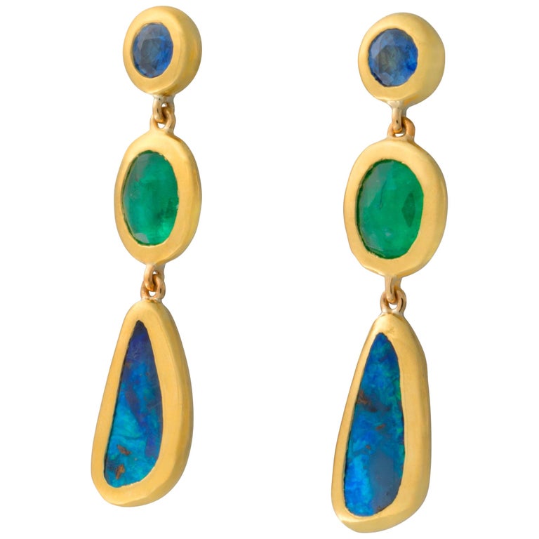 Tanzanite, Boulder Opal and Emerald Drop Earrings For Sale at 1stDibs