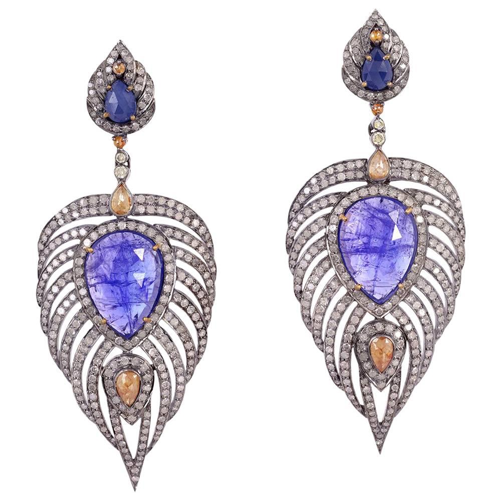 Diamond and Sapphire Feather Earrings For Sale at 1stDibs