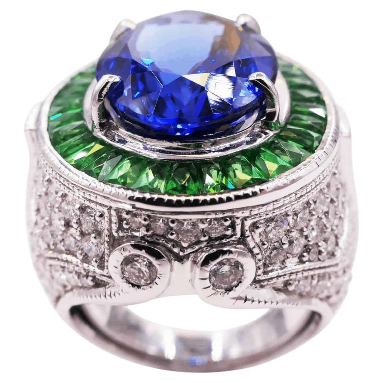 Oval Cabochon Tanzanite Tsavorite Diamond Pave Signet Cocktail White ...