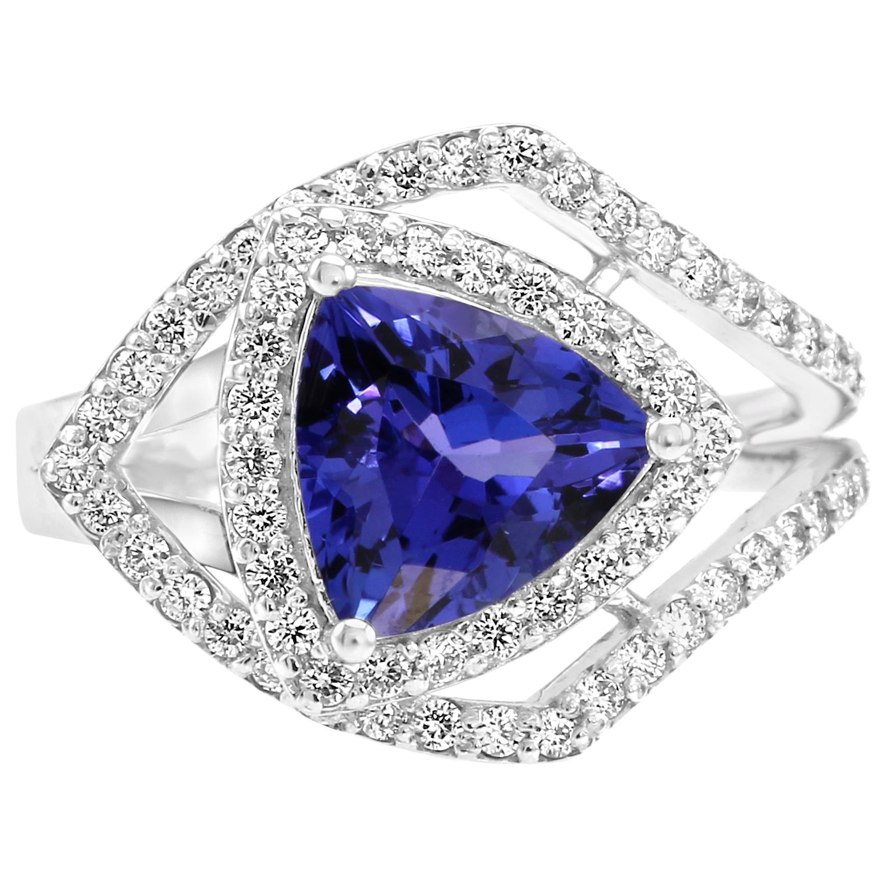 Tanzanite Trillion Diamond Round Double Halo Fashion Cocktail White ...
