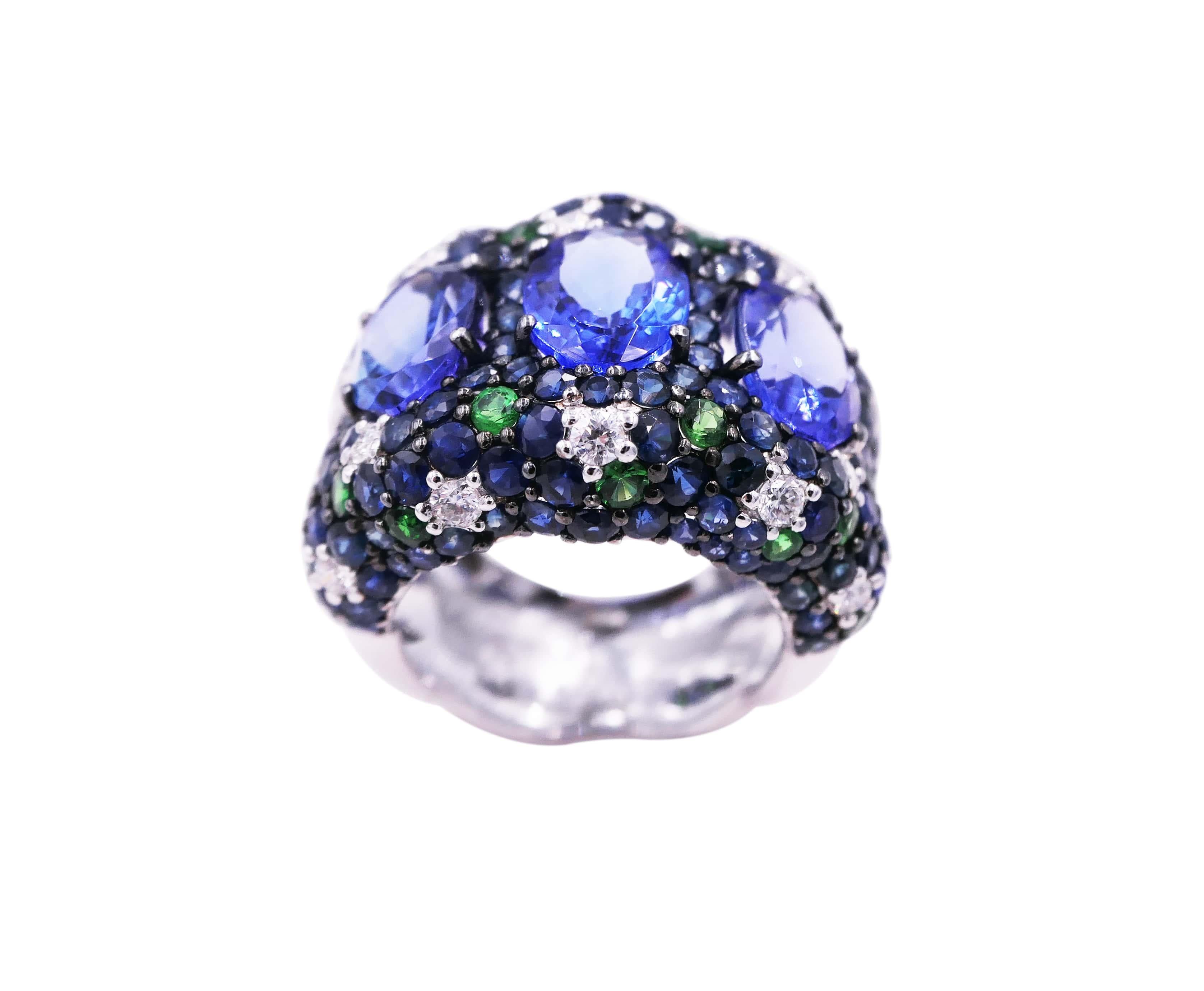 Tanzanite Tsavorite Diamond Pave Sapphire Cocktail Dome 18 Karat White ...