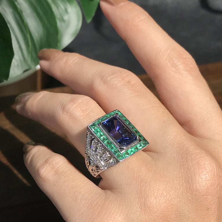 Certified Tanzanite Emerald Diamond Art Deco Style Rectangular Ring in ...