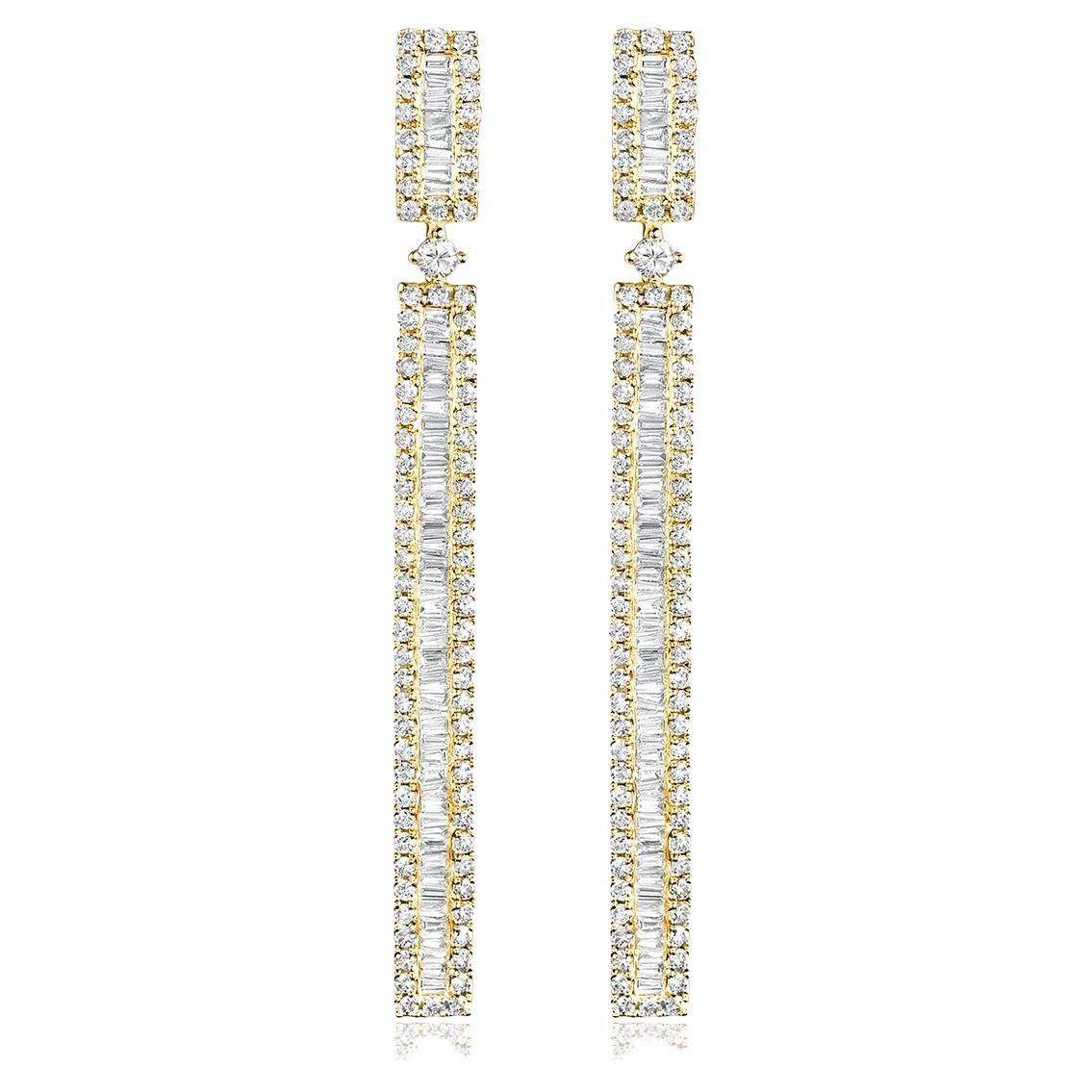 Taper Baguette Round Diamond Cluster Dangle Earring in 18 Karat White ...