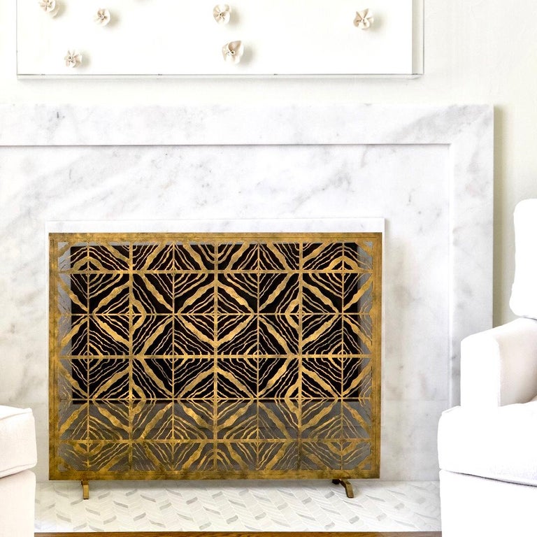 Tapestry Fireplace Screen in Hand Painted Aged Gold For Sale at 1stDibs