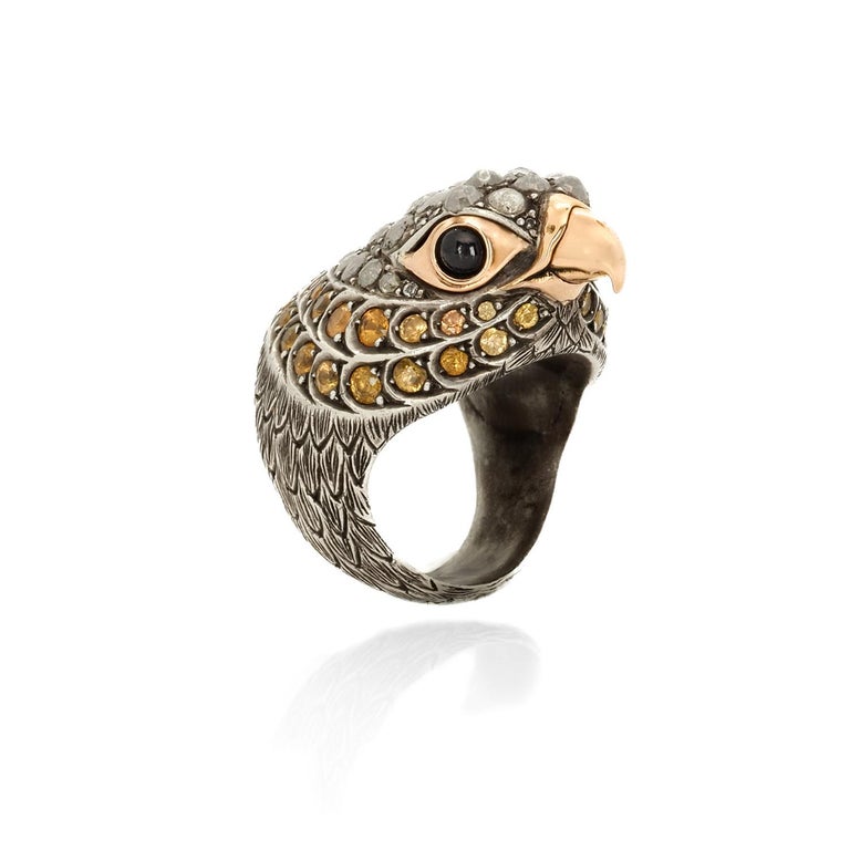 Taru Jewelry Falcon Diamond Sapphire Rose Gold and Silver Ring For Sale at 1stDibs