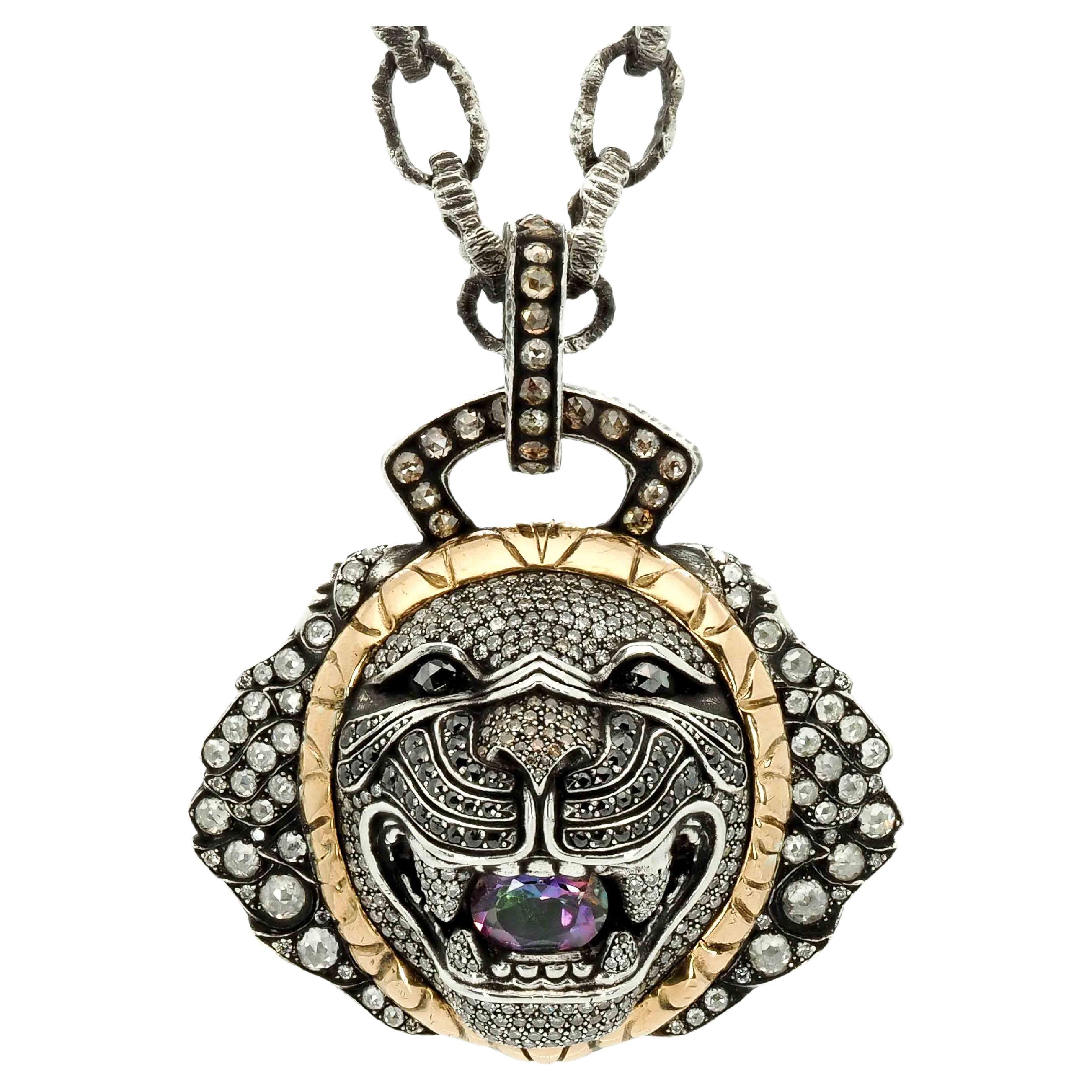 Taru Jewelry Lion Diamond Sapphire Yellow Gold and Silver Necklace For ...